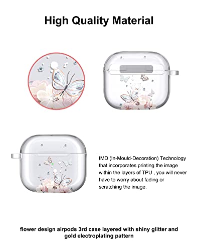 JAHOLAN AirPods 3 Case Clear Butterfly Case Cute Protective Soft Shockproof Cover with Keychain for Women Girls Compatible with AirPods 3rd Generation Wireless Charging Case - Butterfly Flower Pink