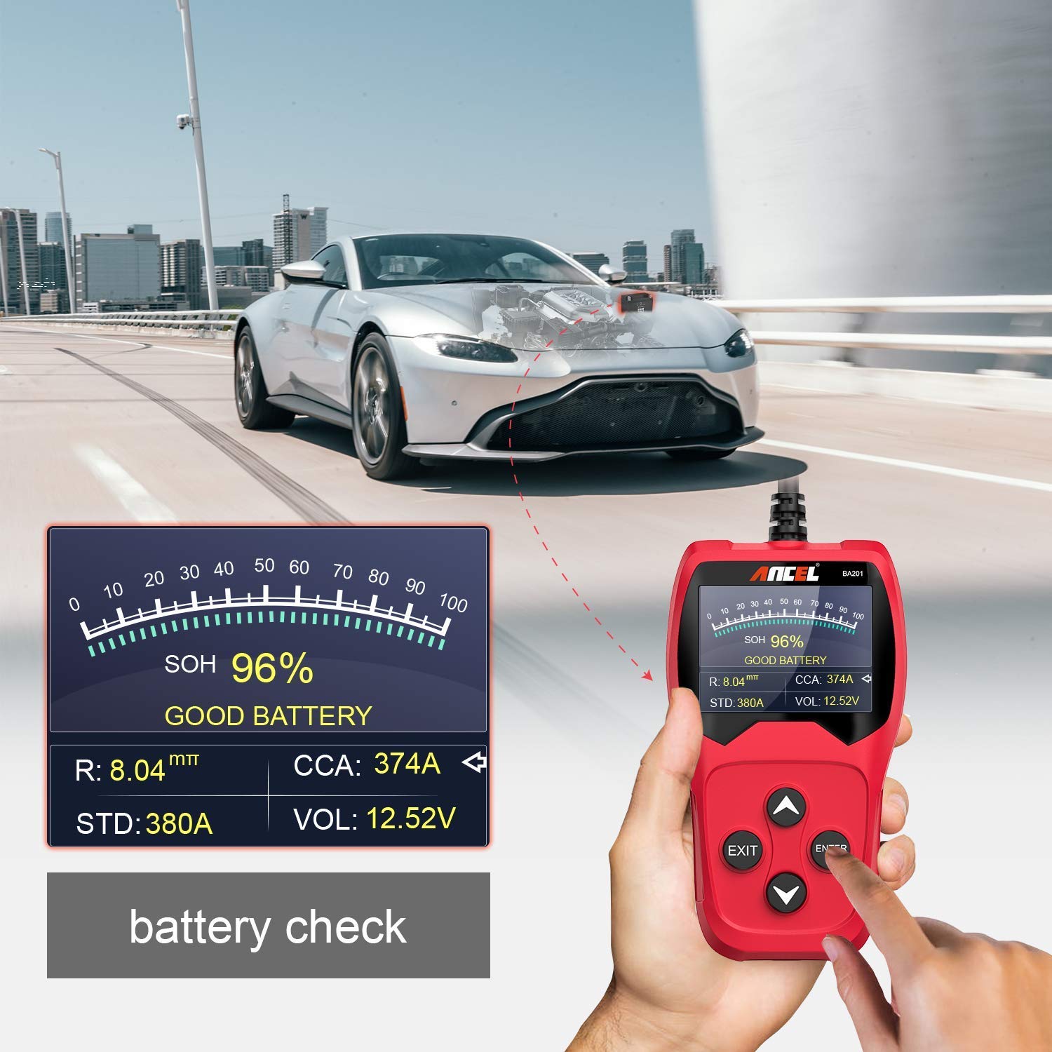 ANCEL AD410 Enhanced OBD II Vehicle Code Reader with ANCEL BA201 Car 12V 100-2000 CCA Battery Load Tester