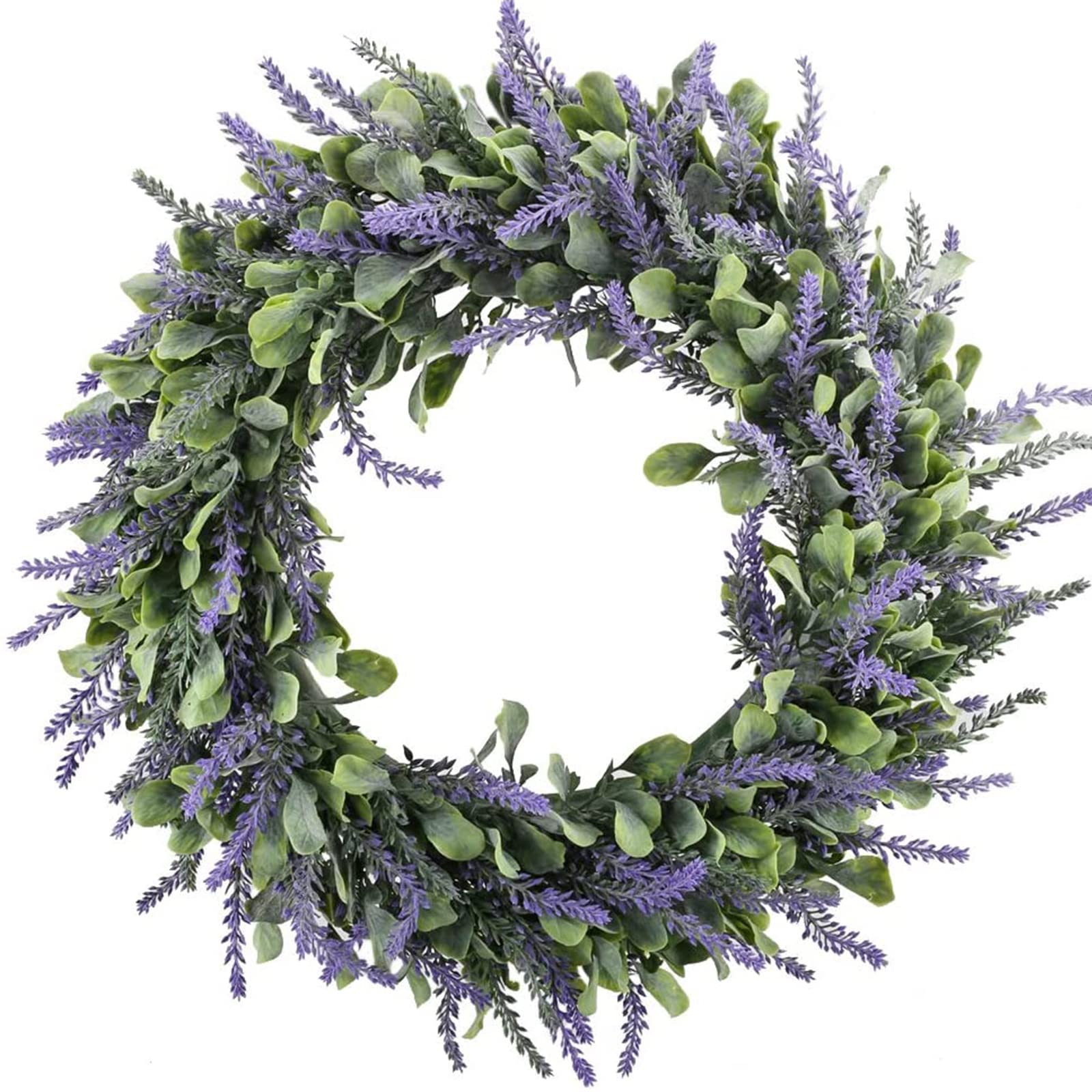 GTIDEA 18" Artificial Lavender Wreath for Front Door Purple Lavender Flowers Wreath with Eucalyptus Leaves Farmhouse Wreath Outdoor for Christmas Home Porch Wall Window Garden Indoor Party Decor