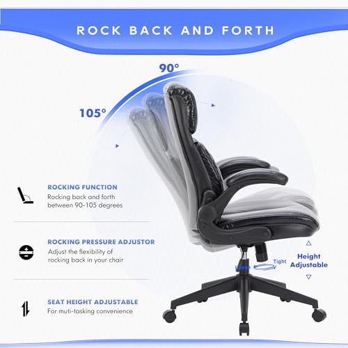 COLAMY Ergonomic Office Chair, Executive Desk Chair, Leather Office Chair with Padded Flip-up Arms, Adjustable Height Swivel Rolling Work Chair-Black
