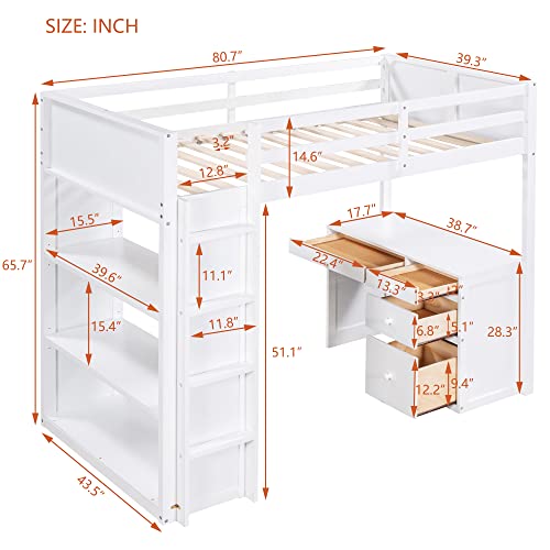 Harper & Bright Designs Twin Loft Bed with Desk and Bookshelf, Solid Wood Loft Bed Frame with Storage Drawers, 14.6" Height Full Length guardrail, for Kids Teens Adults (Twin Size, White)
