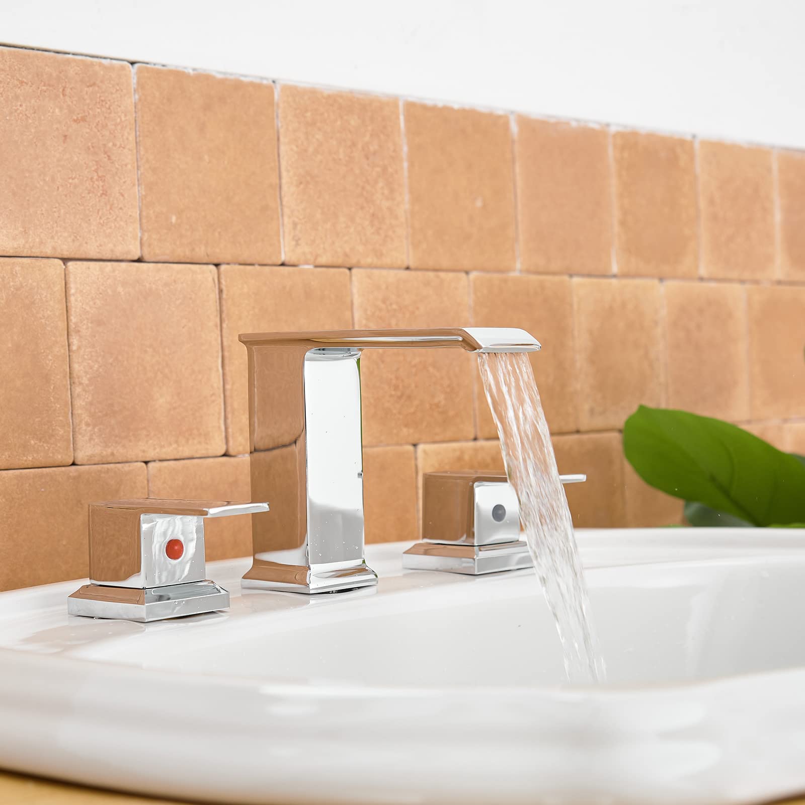 BWE Waterfall Widespread Bathroom Faucet Chrome 3 Holes with Pop Up Drain Stopper with Overflow and Supply Line Lead-Free 2-Handle Bath Lavatory Vanity Sink Mixer Tap Square