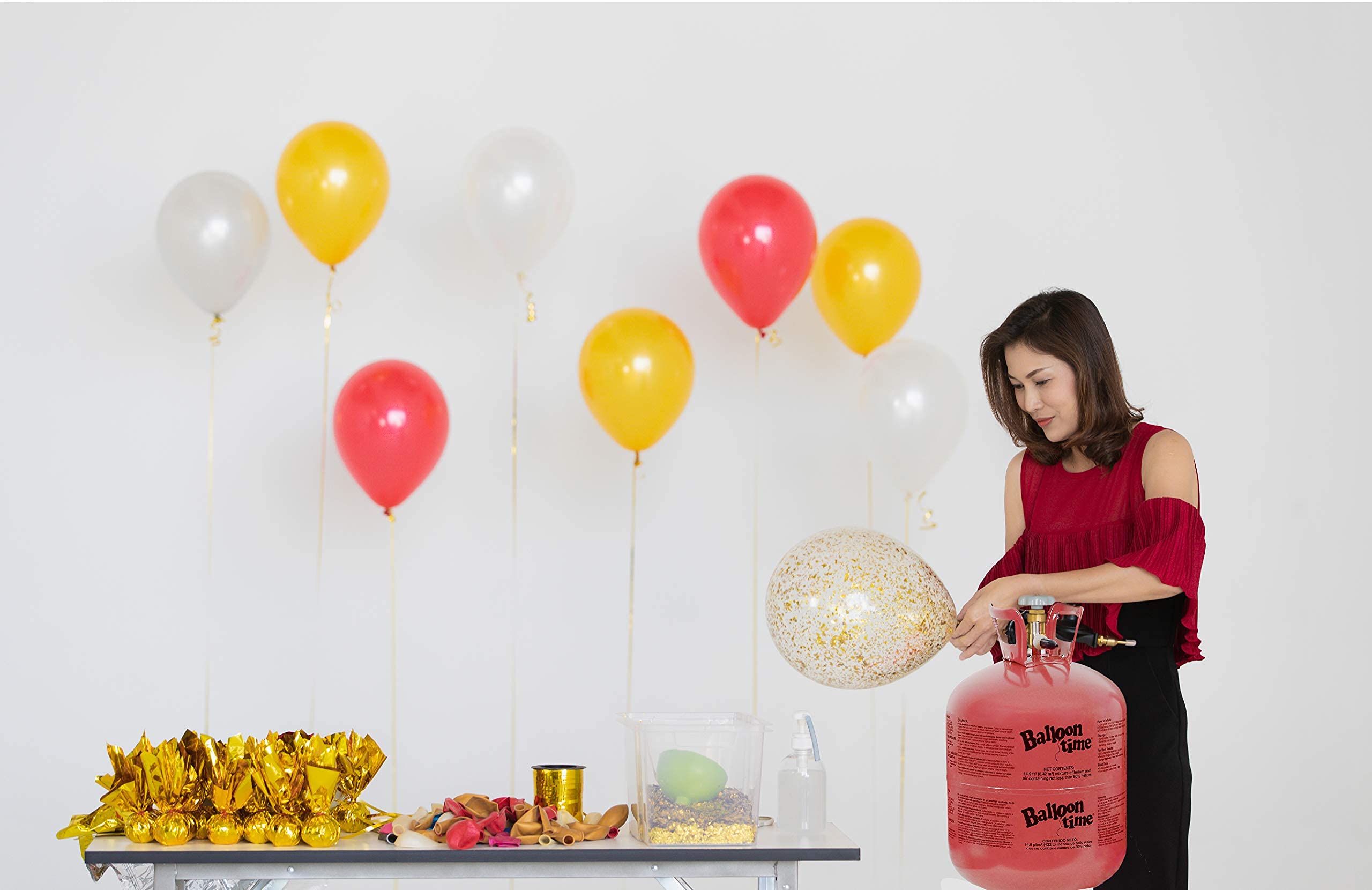 BLUE RIBBON, Helium Tank with 50 Balloons and White Ribbon + 12 Gold Balloon Weights + Plus Balloon Tying Tool