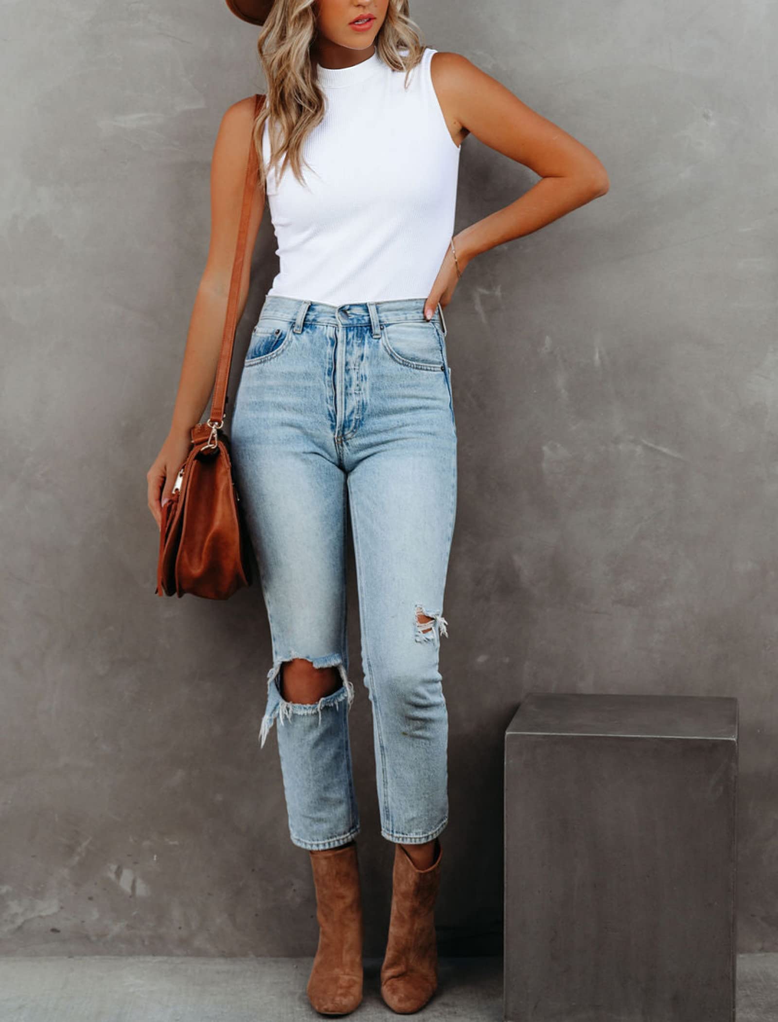 Areecin Women's Mock Neck Tank Tops Summer Sleeveless Pullover Tops Slim Fit Ribbed Shirts Casual Basic Blouses White L
