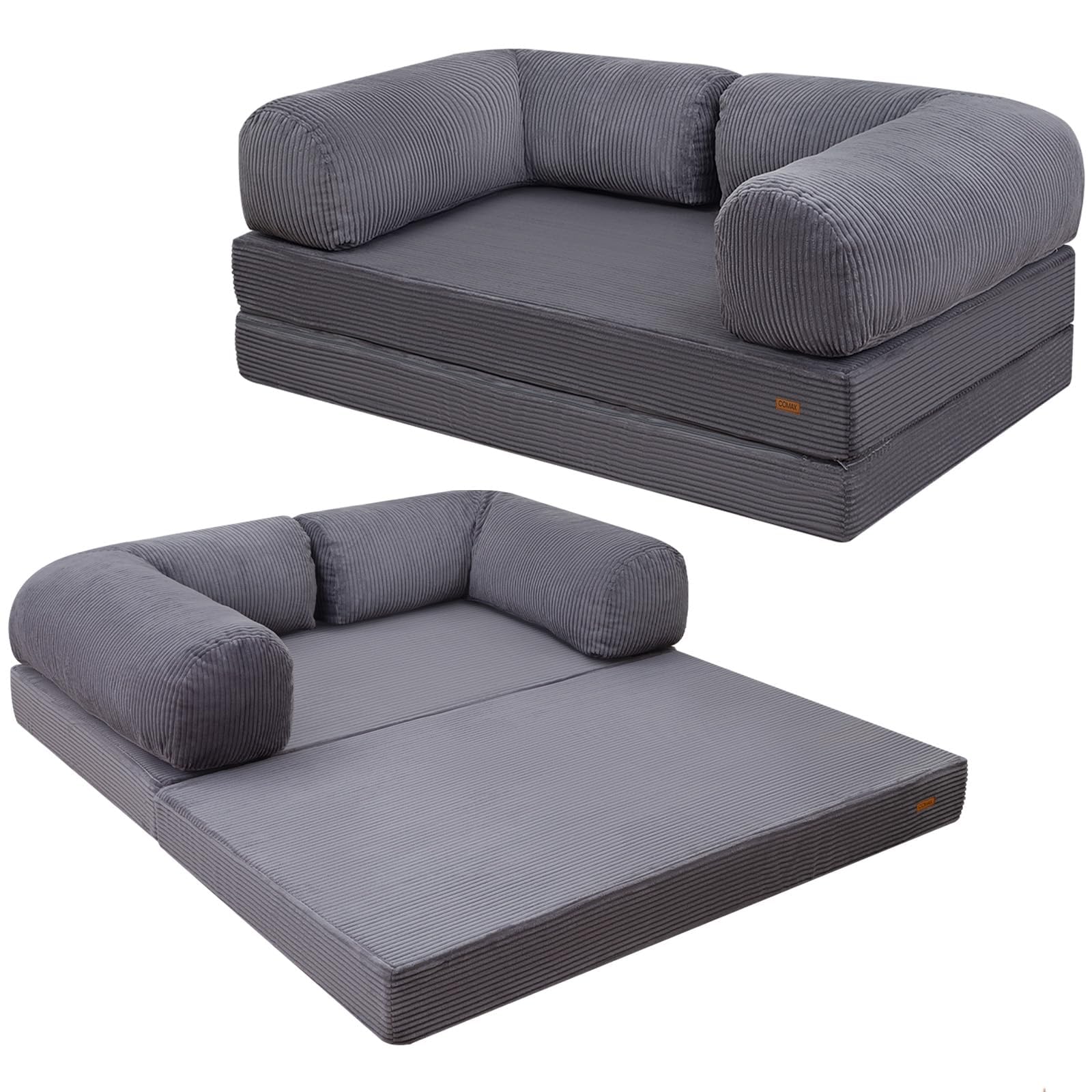 COMAX Folding Sofa Bed, Convertible Sofa Queen Floor Couch with L-Shaped Armrests, Foldable Futon Chair Bed Sleeper Mattress Fold Out Comfy Lounge for Living Room Bedroom, Dark Grey