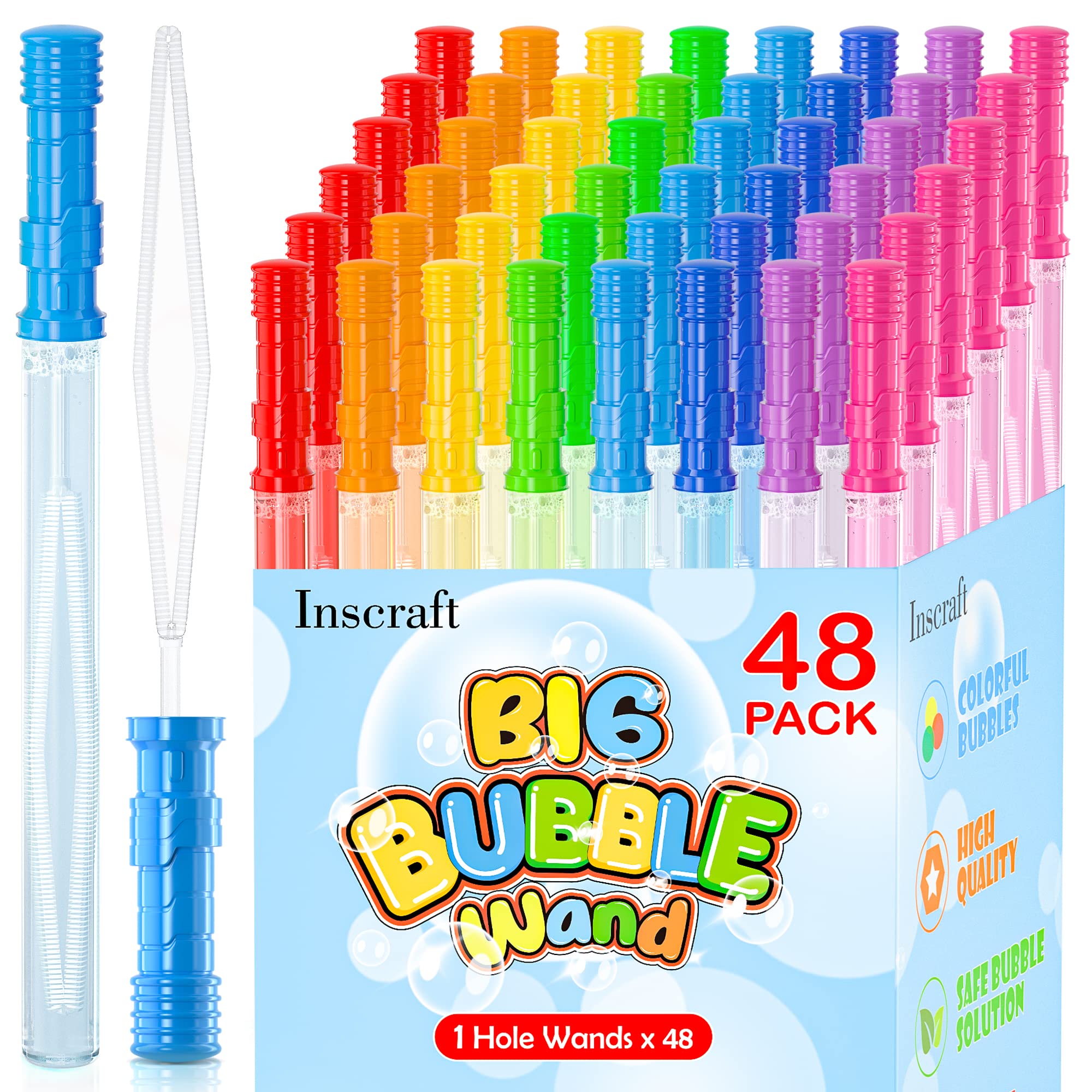 Inscraft 48 Pack 14ââ Big Bubble Wands, 8 Colors Bulk for Summer Toy, Outdoor/Indoor Activity Use, Easter, Birthday, Graduation, Shower, Bubbles Party Favors Supplies for Kids