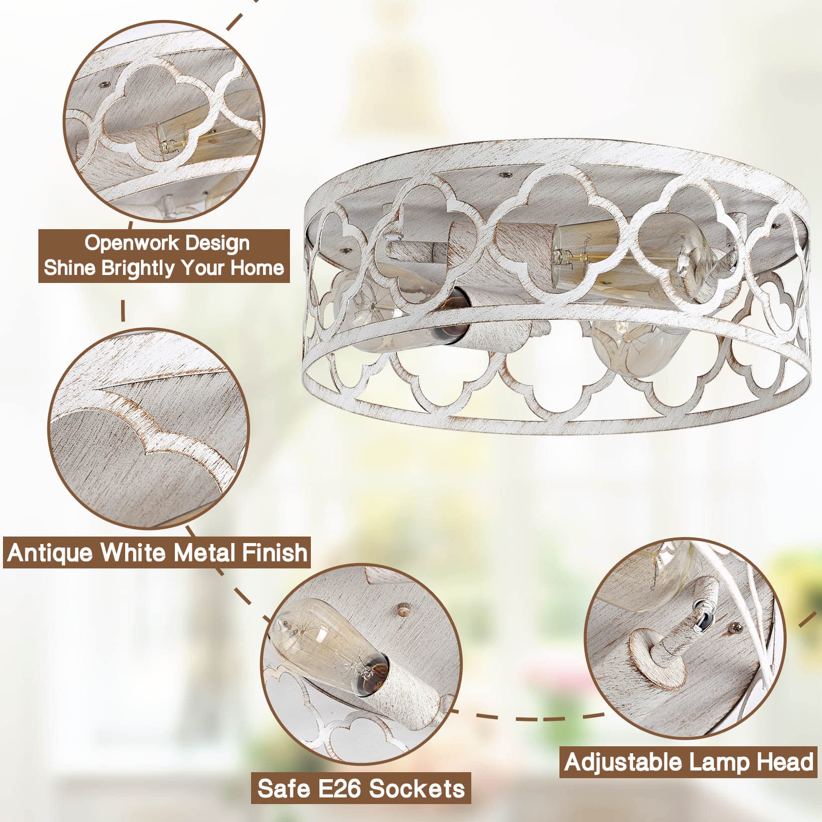 Bargeni Flush Mount Ceiling Light,13-inch Ceiling Light Fixture,3-Light Kitchen Light Fixtures,Rustic Antique White Finish,Farmhouse Light Fixtures for Bedroom,Living Room,Kitchen,Hallway and Foyer