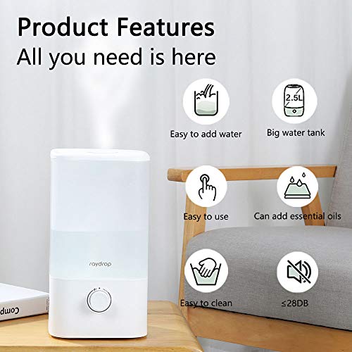 raydrop Cool Mist Humidifier, 2.5L Essential Oil Diffuser for Bedroom Nursery,Home and Office, Adjustable Mist,Auto Shut-Off, Easy to Clean,Dial Knob