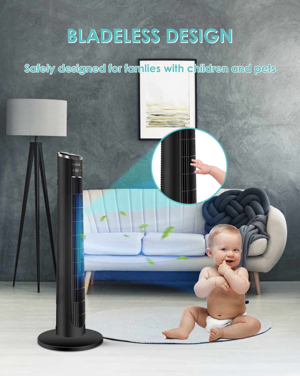Portable Electric Oscillating Tower Fan with 12H Timer, LED Display and Remote Control 36‘’Quiet Bladeless Fan with 3 Modes for Bedroom, Living Rooms and Office use