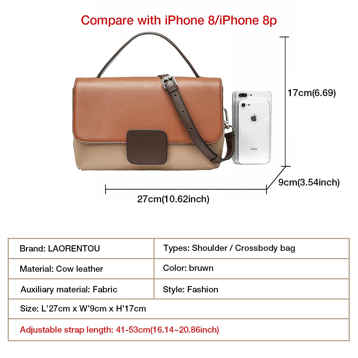 LAORENTOU Women Shoulder Bag Cowhide Satchel Handbag Leather Purse for Women Crossbody Bag (Brown)