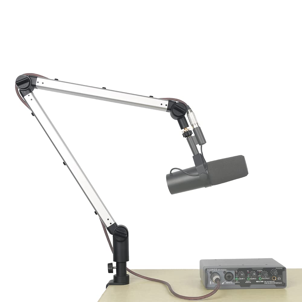 BOMGE Boom Arm - Adjustable 360° Rotatable Desk-Mounted Broadcast Microphone Boom Stand with Adapter,Hidden Cable Trough,For Shure SM7B/MV7/Blue Yeti/HyperX QuadCast, Recording,Gaming. (silver)