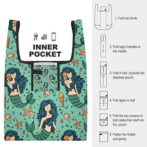 Cute Mermaid Secret Printed Reusable Grocery Bag with Handle Foldable Shopping Tote Bags Portable for Supermarket Camping