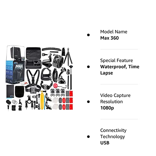 GoPro MAX 360 Waterproof Action Camera -with 50 Piece Accessory Kit ,Touch Screen - Spherical 5.6K30 HD Video - 16.6MP 360 Photos - 1080p Live Streaming Stabilization - All You Need