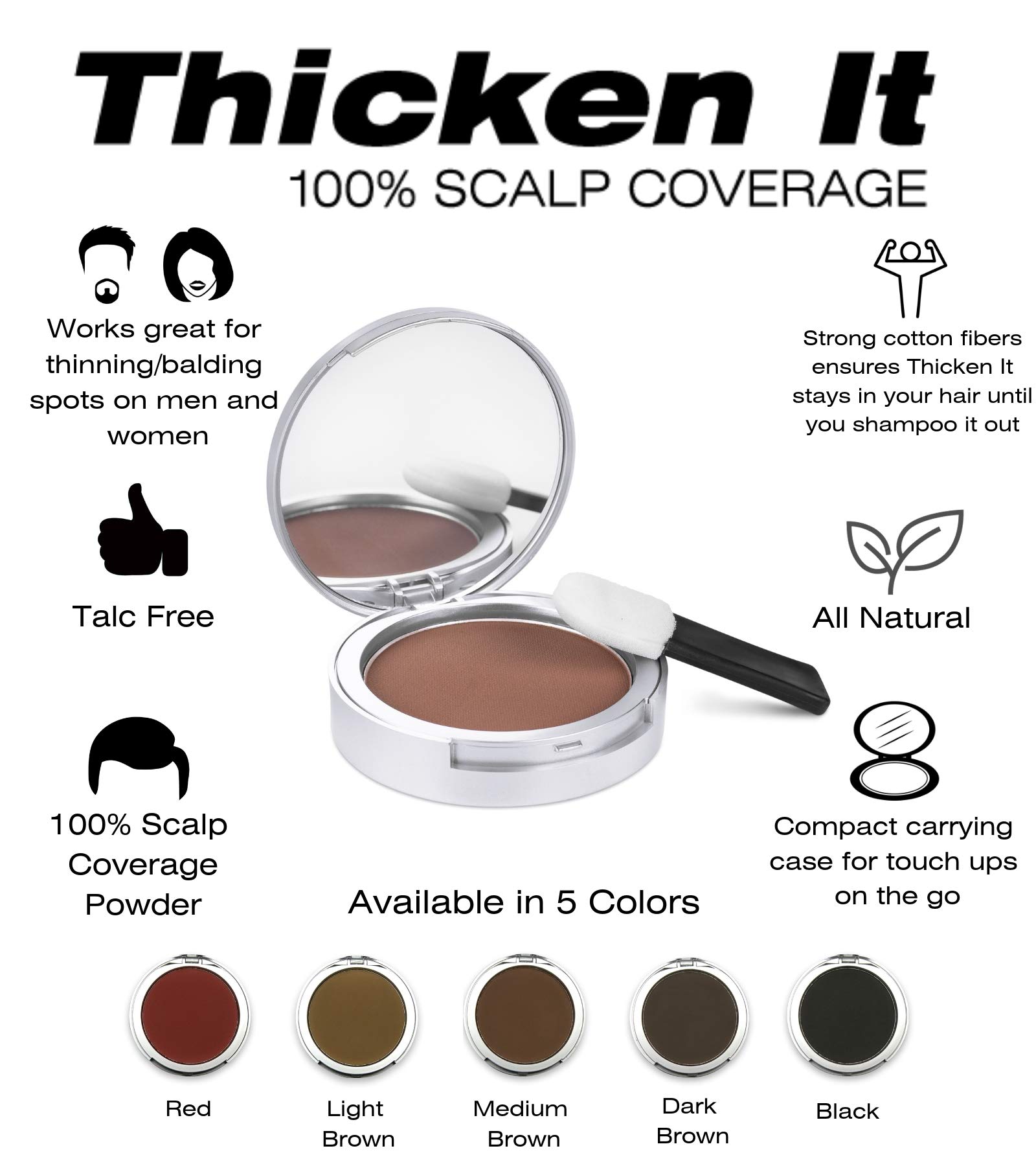 Thicken It 100% Scalp Coverage Hair Powder - BLACK - Talc-Free, Water Resistant Hair Loss Concealer, Thicker Than Hair Fibers & Sprays