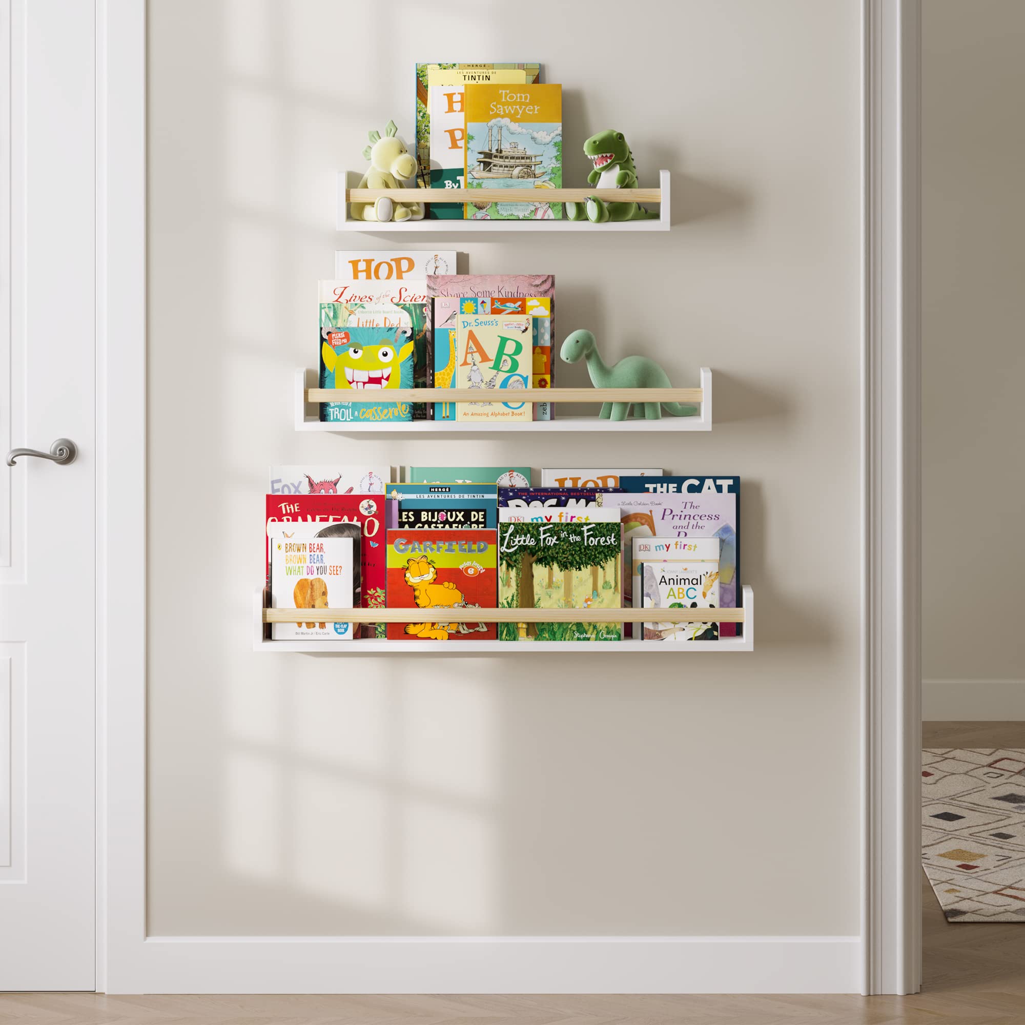 Wallniture Madrid Multisize 36''-30''-24'' Floating Bookshelves Kids Room Bookshelf Nursery Shelves Set of 3, White