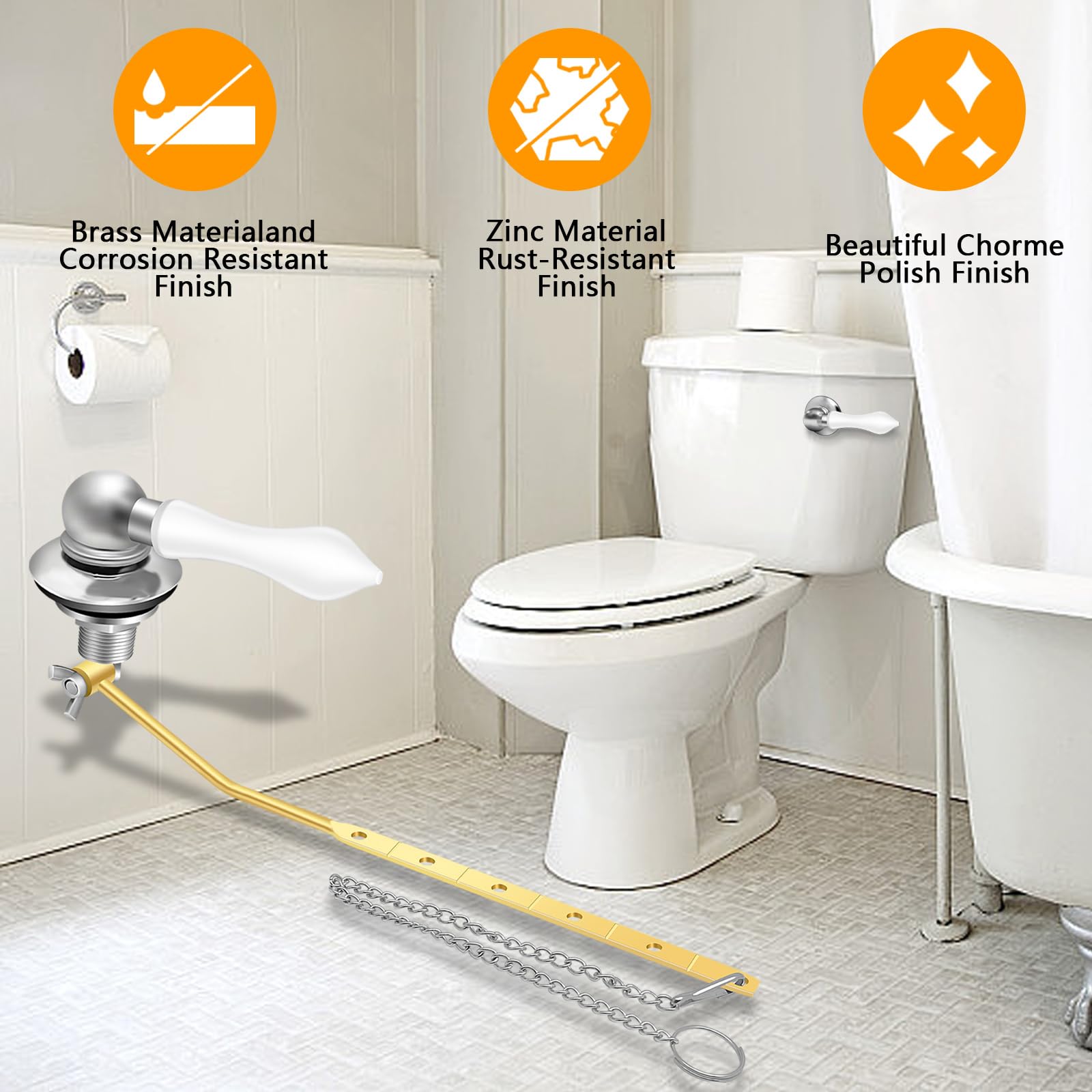 Boltigen Universal Front Mount Toilet Handle, Toilet Trip Lever Handle Replacement with Stainless Steel Flapper Chain, White Toilet Tank Flush Handle Lever