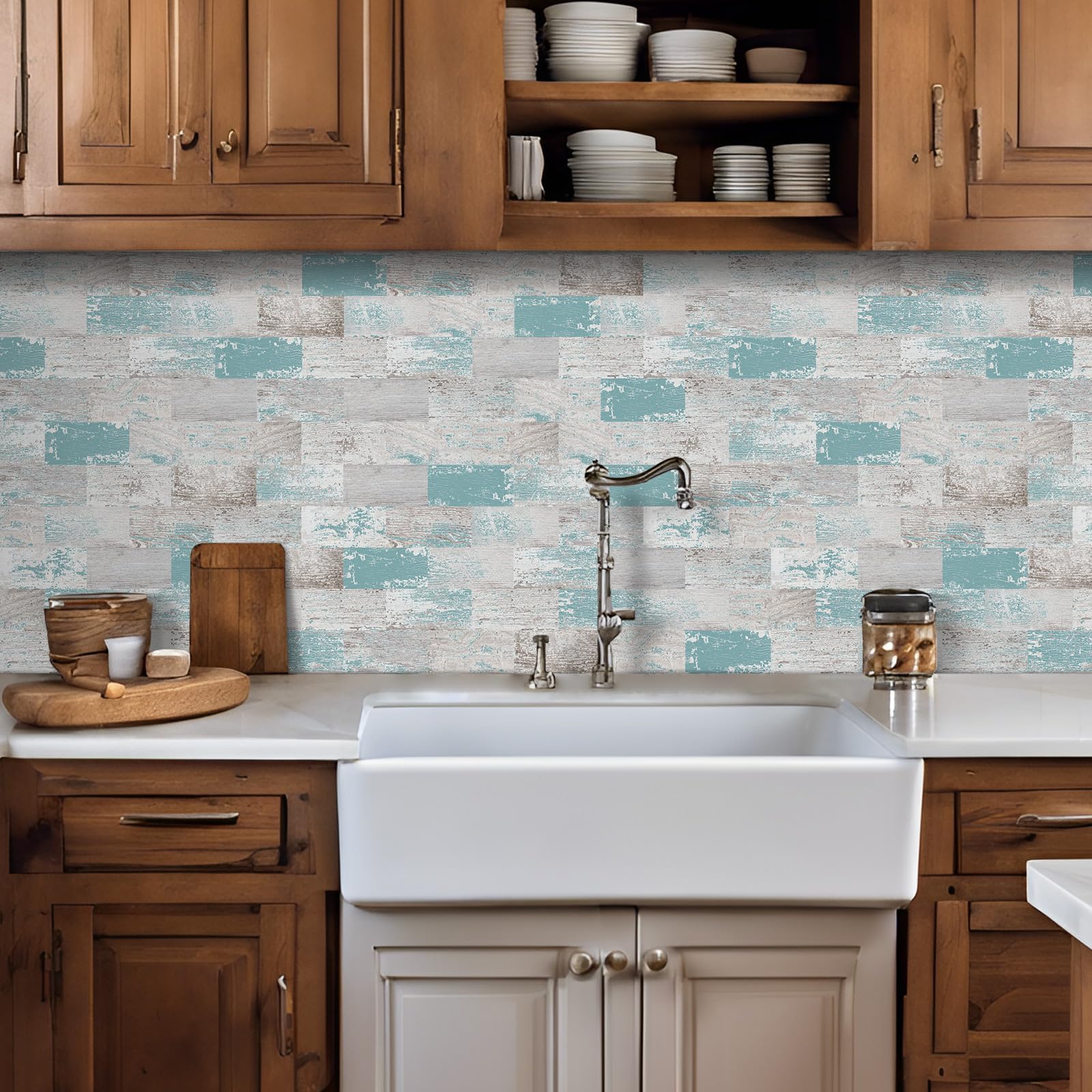 DEWOO 10-Sheet Peel and Stick Tiles Backsplash Stick on Tiles for Kitchen Wall (13.5" x 11.4",Retro Blue