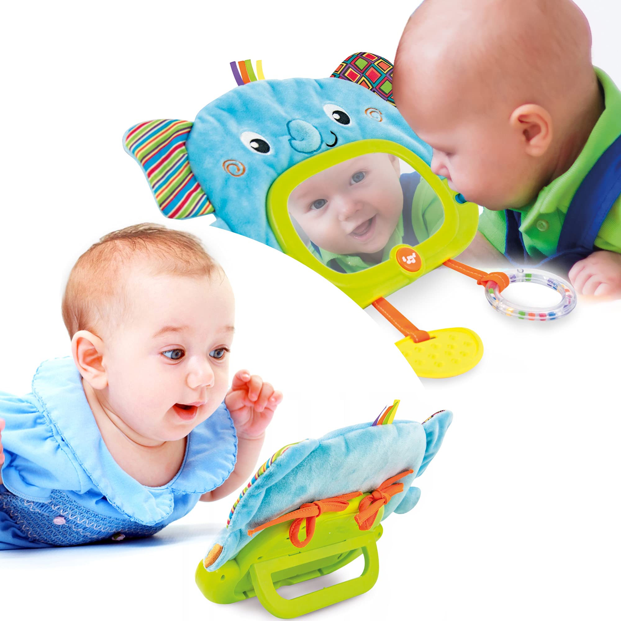 Baby Tummy Time Mirror for Floor, Crib, Play Gym & Stroller - Soft Elephant Baby Mirror w/Hidden Characters β Daytime Play & Nighttime Lullaby Modes β 0+ Months