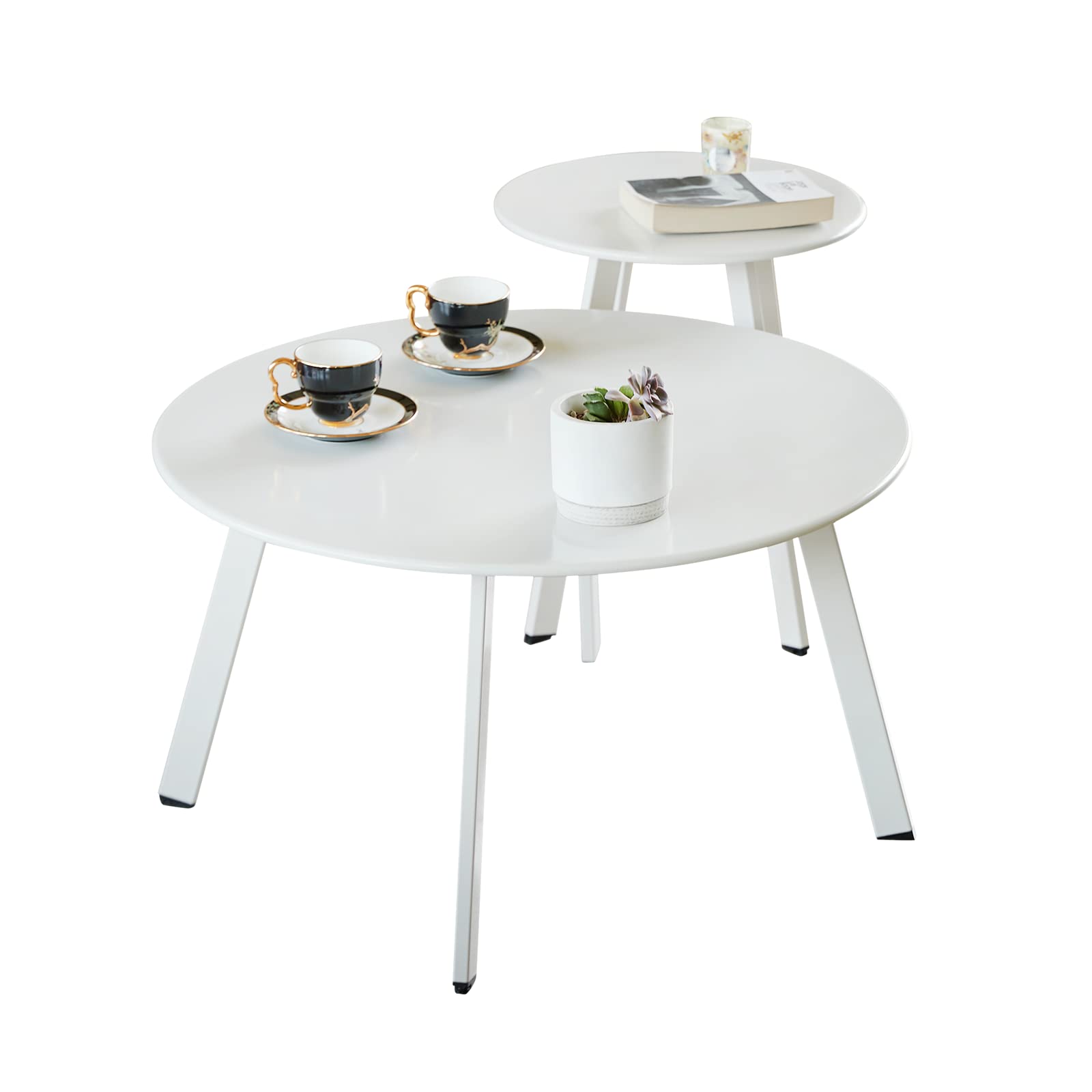 Meluvici Patio Coffee Table Set of 2, Weather Resistant Outdoor Round End Table, Nesting Tables for Living Room Balcony Office, White
