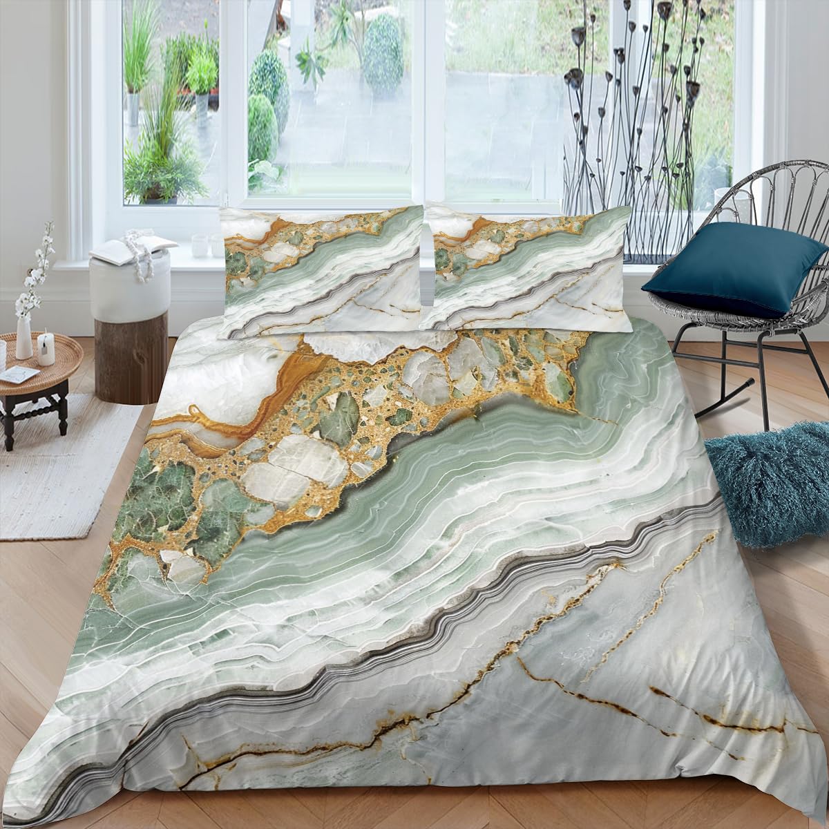 CCoutueChen Sage Green Marble Duvet Cover Queen Size Gold Foil Print Comforter Bedding Set Green White Marble Duvet Covers Set Modern Abstract Comforter Cover with 2 Pillowcases(Girls Women Adult)