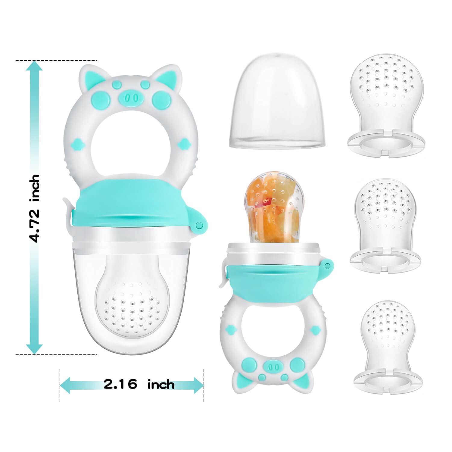 Baby Fruit Food Feeder Pacifier - Fresh Teething Pacifiers, Infant Fruit Teething Teether Toy for 3-24 Months, 6 Pcs Silicone Pouches for Toddlers & Kids & Babies, Piggy Handle 2-Pack (Blue)