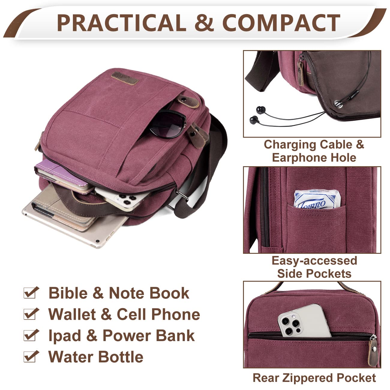 VASCHY Messenger Bag Small, Canvas Water Resistant Crossbody Shoulder Bag Purse for Women/Ladies Burgundy