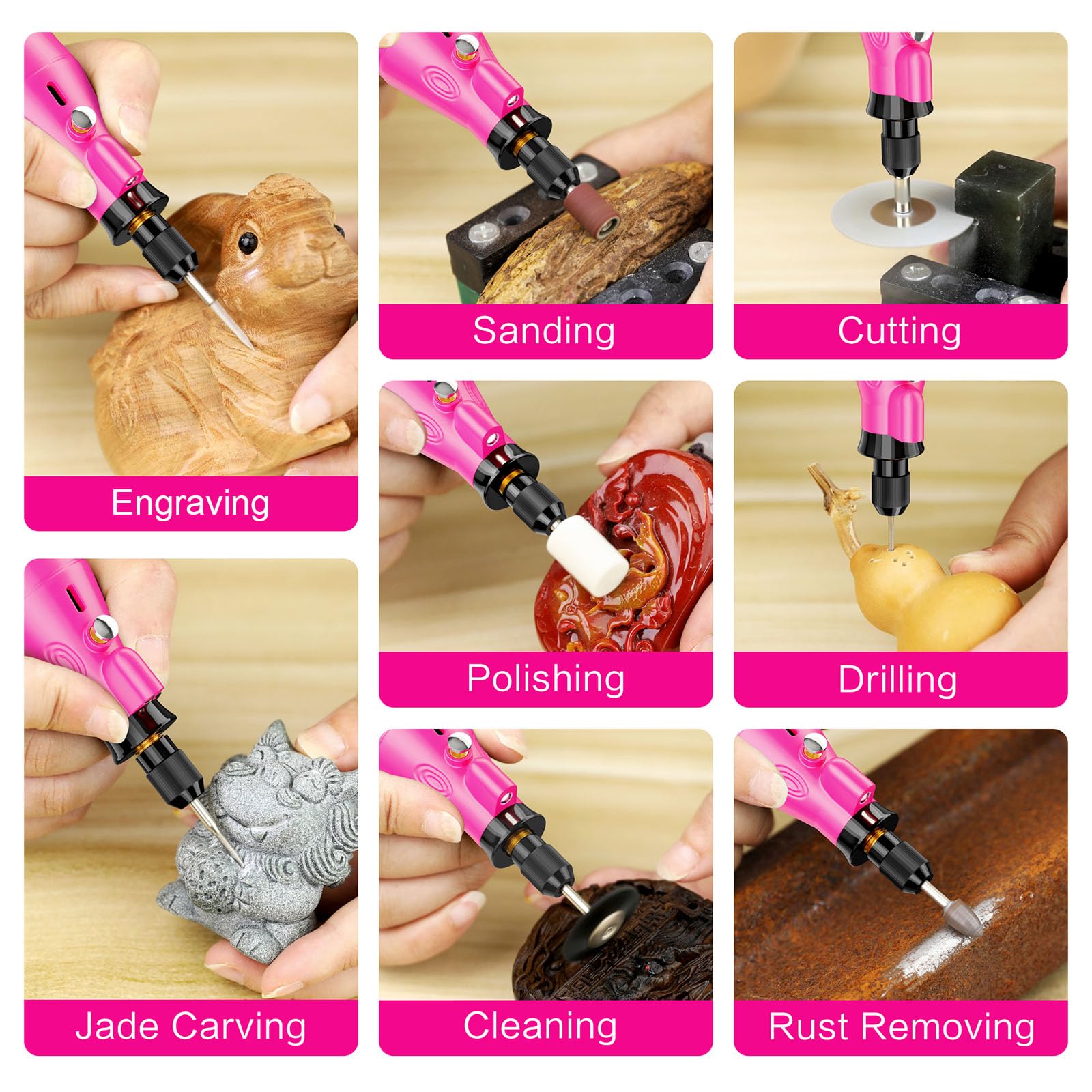 Cordless Rotary Tool, 6 Speed 4V USB Charging Rotary Tool Kits with 62 Accessories, Multi-Purpose Power Rotary Tools for Sanding, Cutting Polishing, Drilling, Engraving, DIY Creations. (Pink)