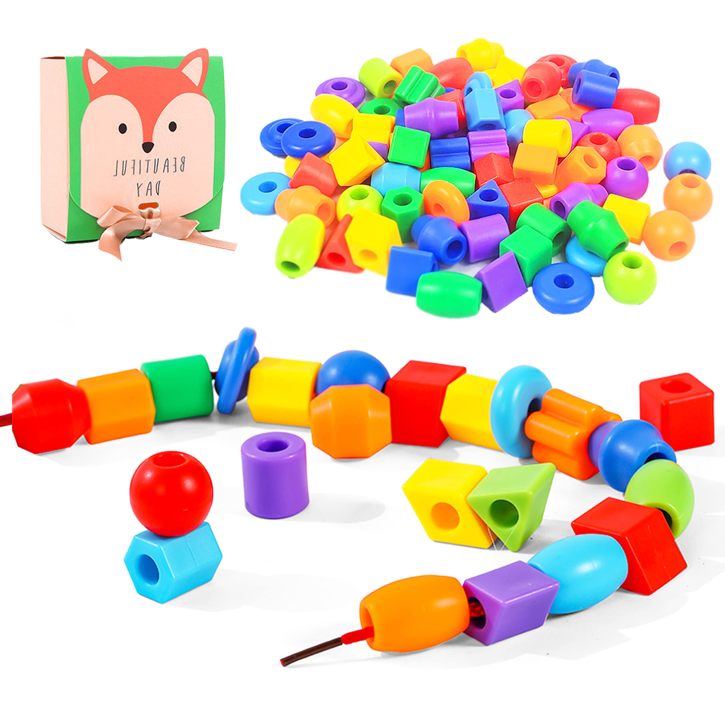 KUTOI Plastic Lacing Beads for Kids with Fun Shapes, Long String, and Brilliant Colors, Educational Occupational Therapy Toys-Fine Motor ToysοΌMontessori Toys for 3 Year Old and AboveοΌ70 pcsοΌ