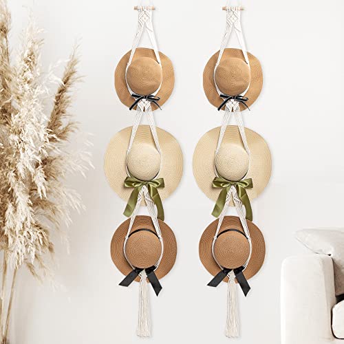 COCHIE 2 Pack Hat Rack Boho Handmade Hat Hangers Adjustable for Wall Decoration, Hat Organizer Holds 6 Different sized Hats Display for Women Men(Beige,5.74 Ft)