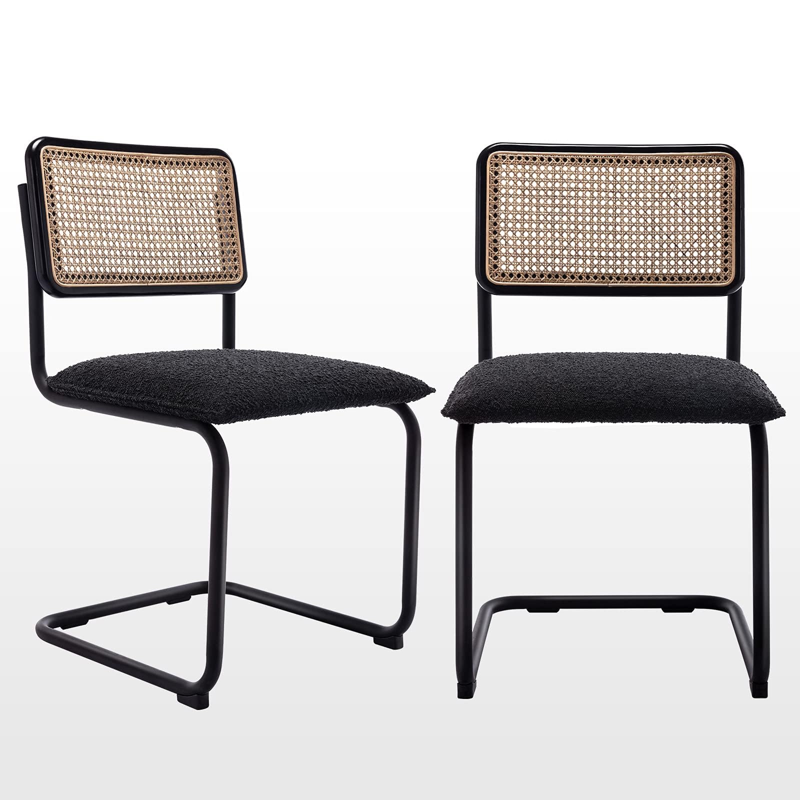 Zesthouse Natural Rattan Dining Chairs Set of 2, Modern Kitchen Chairs with Solid Wood Back for Dining Room Living Room, Mid Century Breuer Design Inspired, Upholstered Boule Fabric, Black