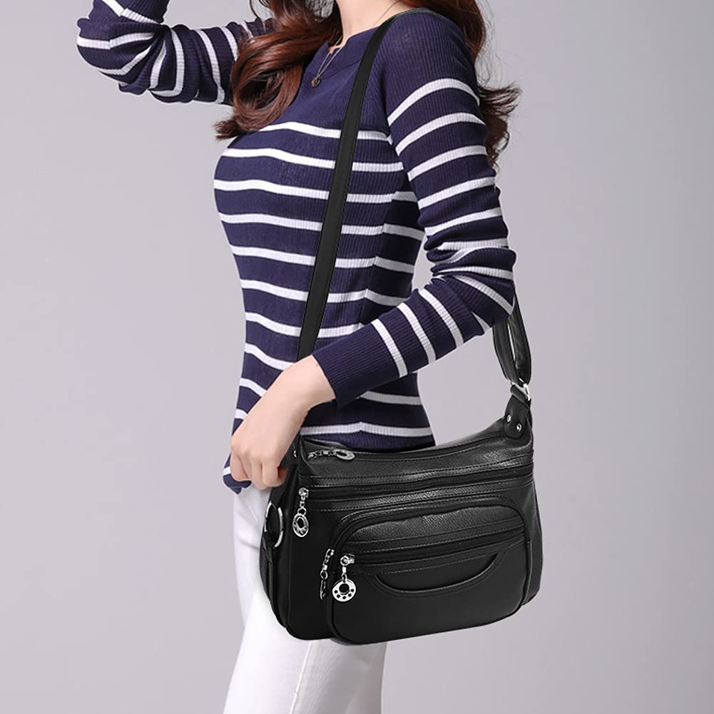 ROUROU Soft Faux Leather Shoulder Bag for Women Multi Pocket Handbag Waterproof Crossbody Bag Large Capacity Purse