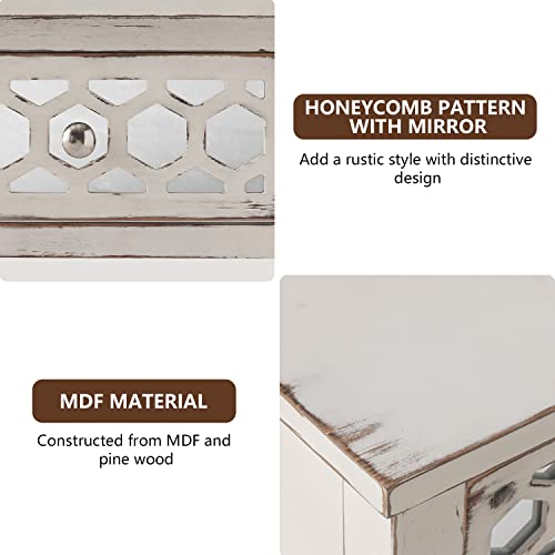 COSIEST End Table Sets of 2, Small Vintage Nightstand, Farmhouse Accent Table, Wood Grain Bedside Table with Mirrored Drawer and Open Display Shelf for Bedroom, Living Room, White