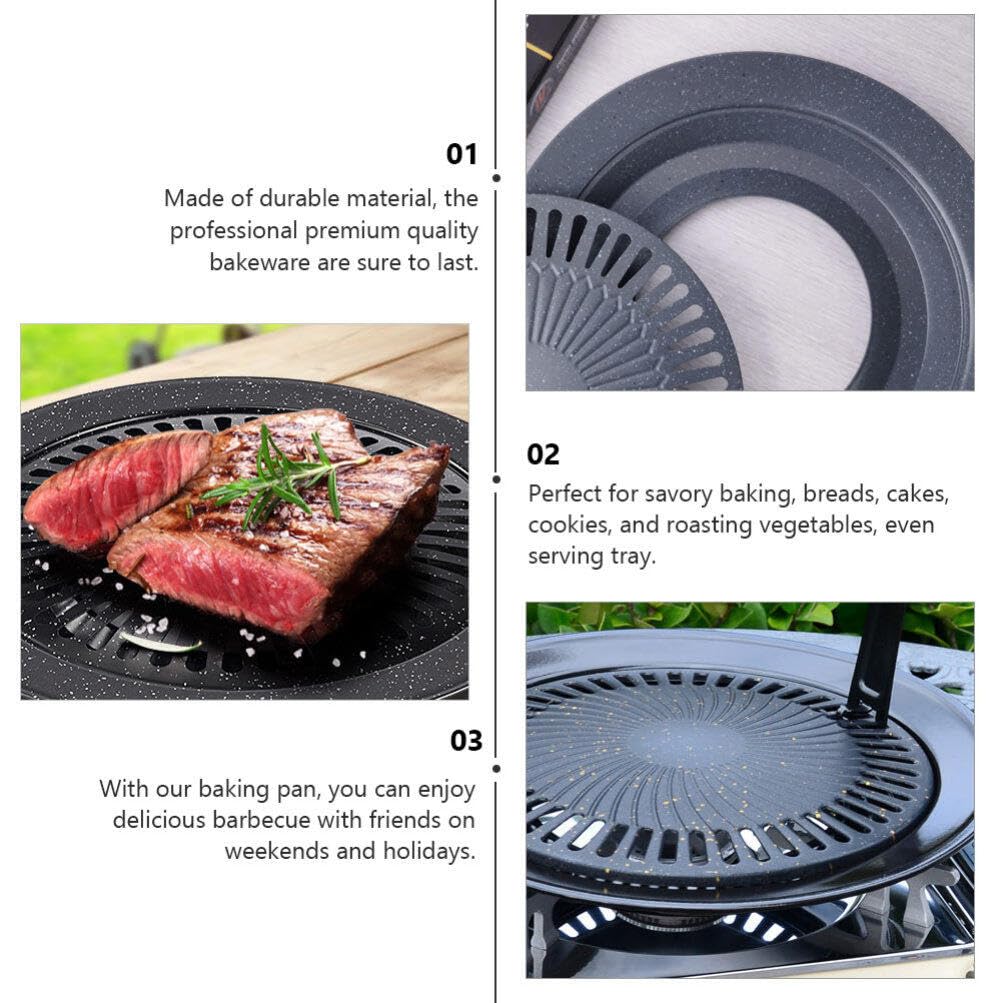 Cabilock Portable Stove Korean Grill Pan Cast Iron Non Stick Indoor Grill Stovetop Plate Round Barbecue Pan Korean Style BBQ Plate Table BBQ Korean BBQ Grill Pan Cheesecake Pan