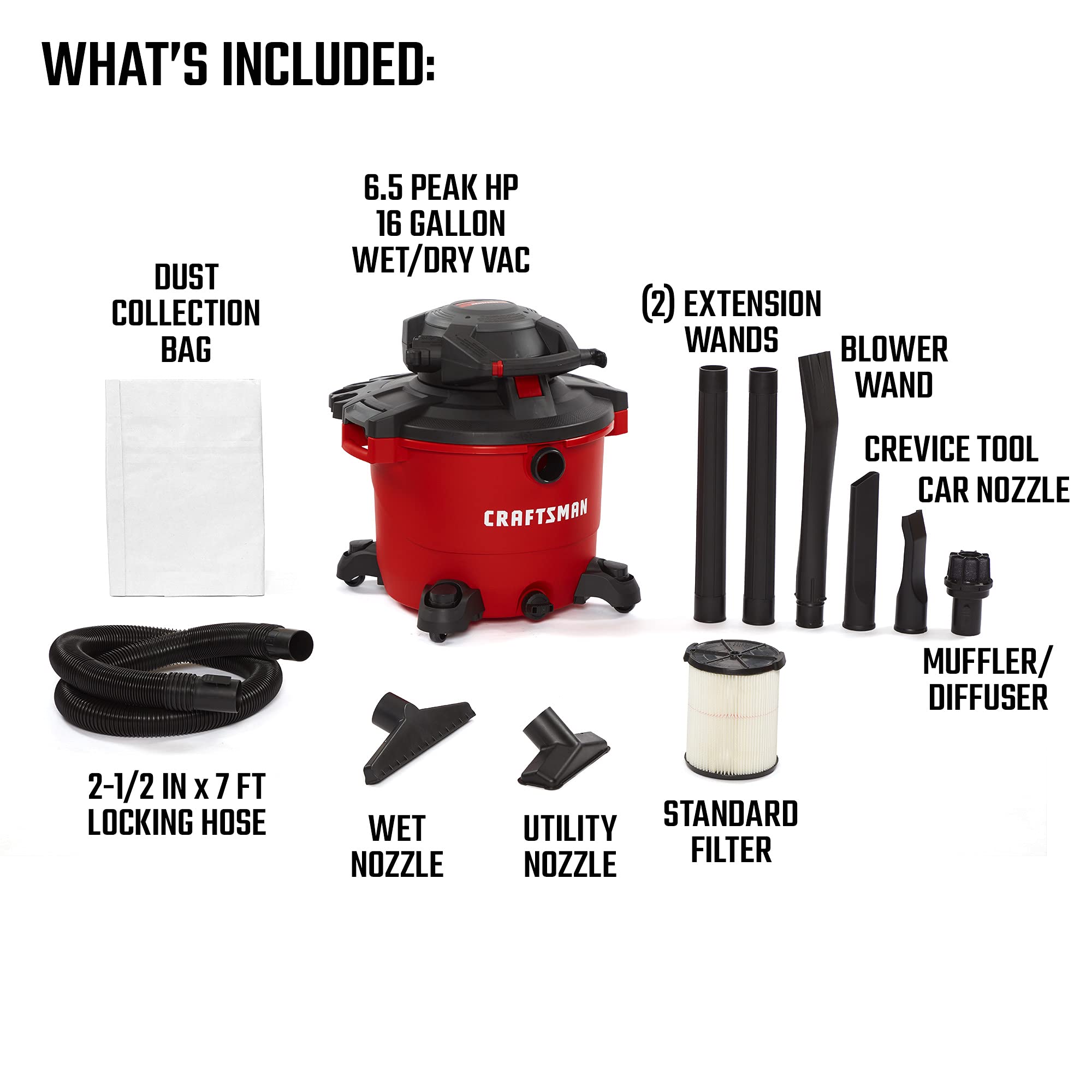 CRAFTSMAN CMXEVBE17607 16 Gallon 6.5 Peak HP Wet/Dry Vac with Detachable Leaf Blower, Heavy-Duty Shop Vacuum with Attachments