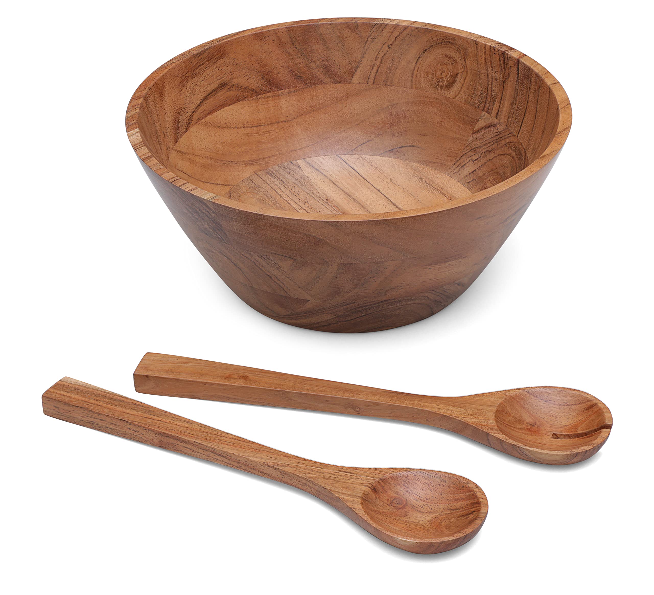 BIRDROCK HOME 3 Piece Wooden Salad Serving Bowl and Utensils | Acacia Wood Server Set | Salad, Fruit or Side Hands | Large