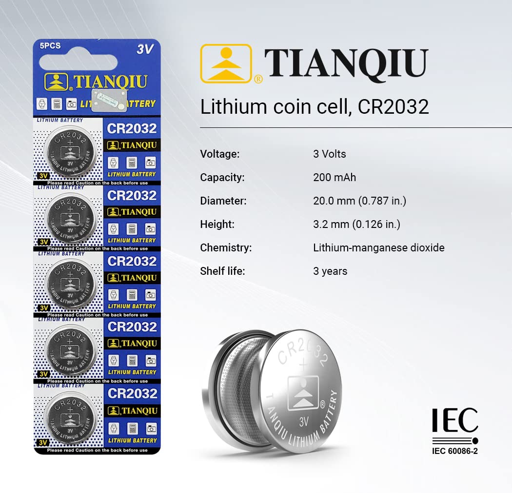 TIANQIU 2032 Battery (CR2032/ DL2032/ E-CR2032/ SB-T51/ LF1/ 2V) Lithium 3v (1 Pack of 5)