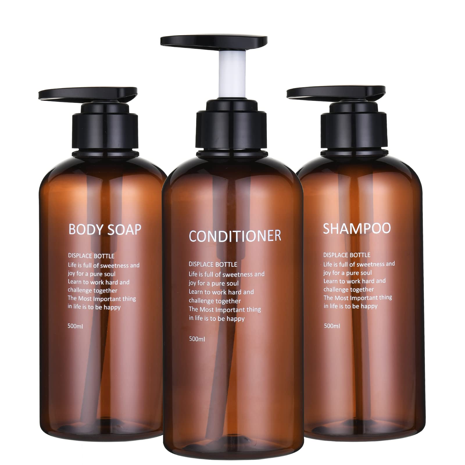 BasedFloor Shampoo and Conditioner Dispenser -3pcs 16.9oz/500ml Amber Plastic Empty Refillable Pump Lotion Bottle Containers Set for Bathroom Shower Body Wash