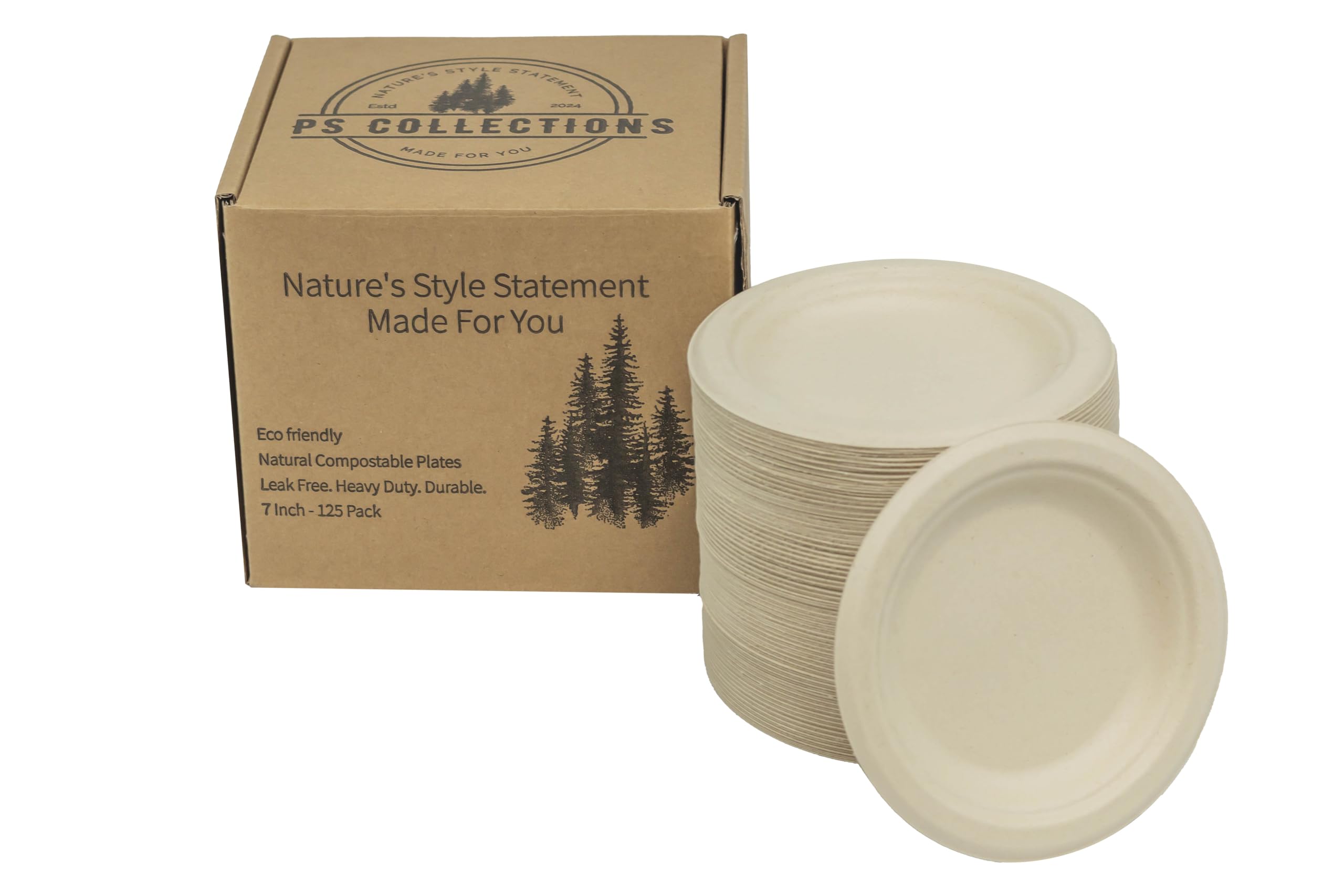 COMPOSTABLE 7 inch [125 pack] PLATES Biodegradable Disposable Party Plates for Weddings, Birthday, Picnic, Camping, Household, Kids, Corporate and more