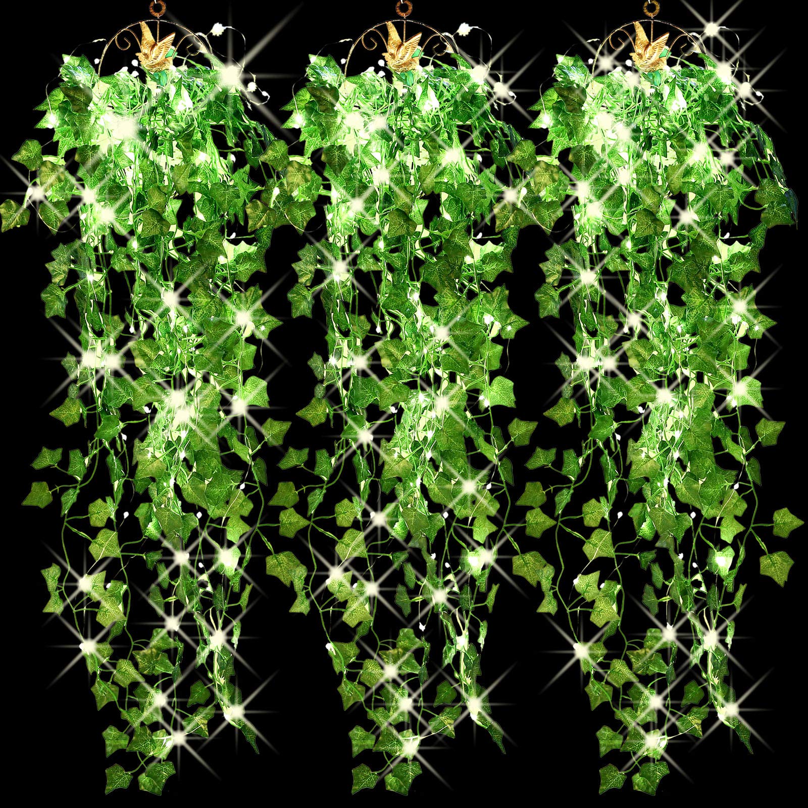 Mudder Fake Ivy Vines with Lights, LED Artificial Hanging Green Leaves Vines for Outdoors Patio Porch Decor (Basket Not Included) (Ivy Style, 3 Packs)