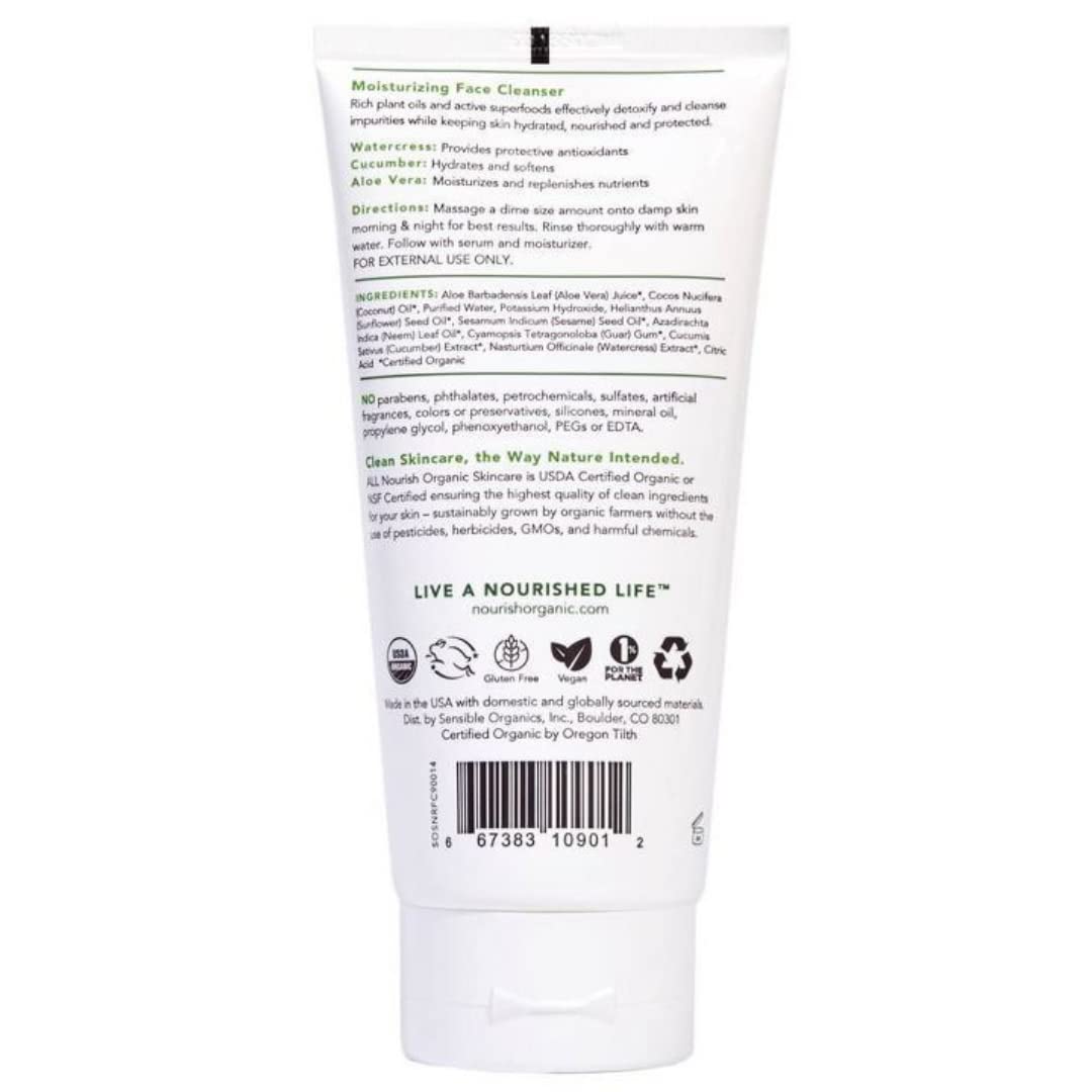 Nourish Organic Moisturizing Face Cleanser for All Skin Types, Watercress + Cucumber Face Wash, Fragrance-Free (6 Oz) + Washable Cotton Round