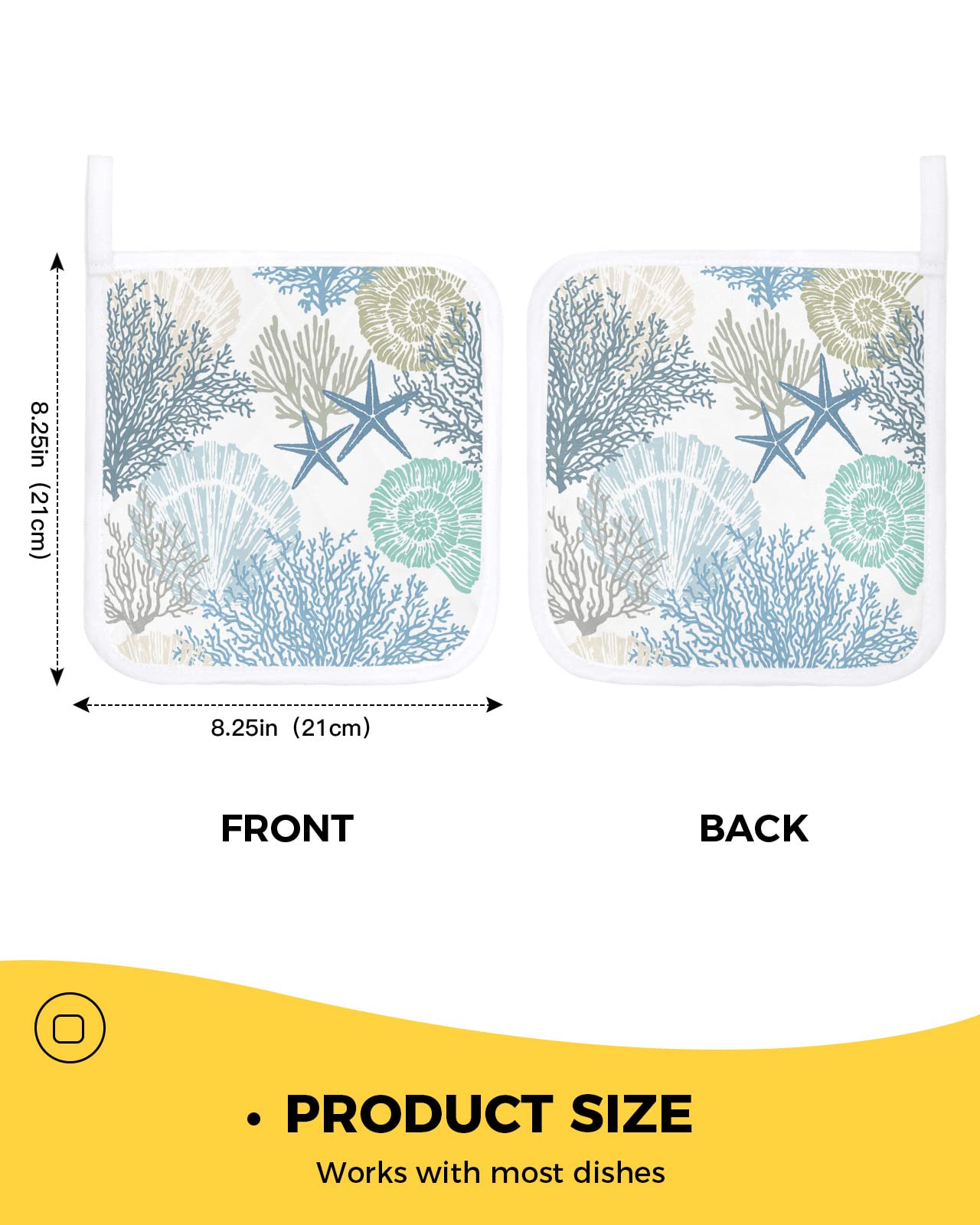 Blue Teal Coral Pot Holders for Kitchen Heat Insulation, Summer Beach Starfish Coastal Modern Geometric Potholders Hot Pads with Hanging Loop, Washable Oven Mitts Pot Holder Trivet for Cooking 2 Pack
