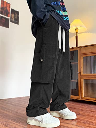 Floerns Men's Casual Corduroy Pants Drawstring Waist Straight Leg Cargo Pants Black M