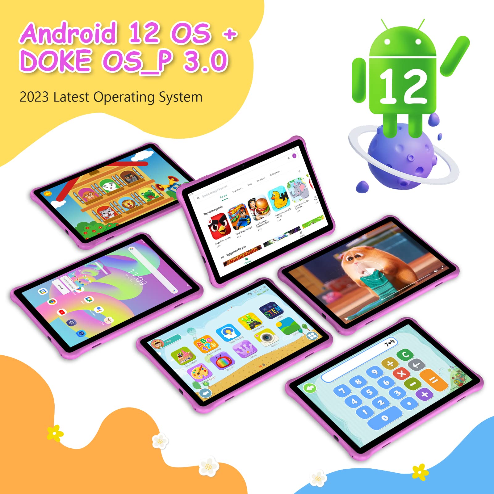 Blackview Kids Tablet Android 12 Tablet Tab A7 Kids 10.1 inch Tablets 64GB ROM 1TB Expand 6580mAh Tablet Toddler Tablet Bluetooth IPS HD+ Display Parental Control Educational Games Pink