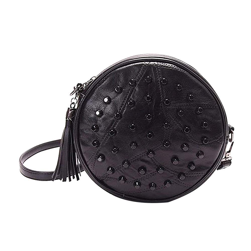 Heidi Bag Leather Round Handbag Circle Crossbody Bag Bucket Messenger Bag with Chain Tassel Fringe Black