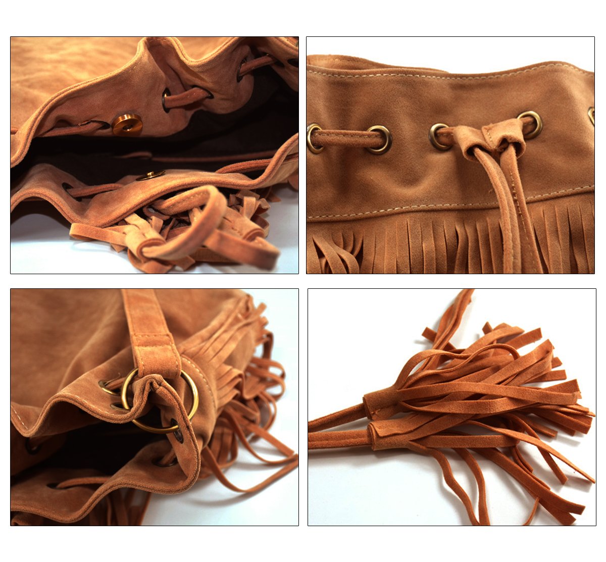 Heidi Bag Women's Fringed Bucket Purse Tassel Faux Suede Shoulder Bag Ring Top-Handle Crossbody Bag (brown)