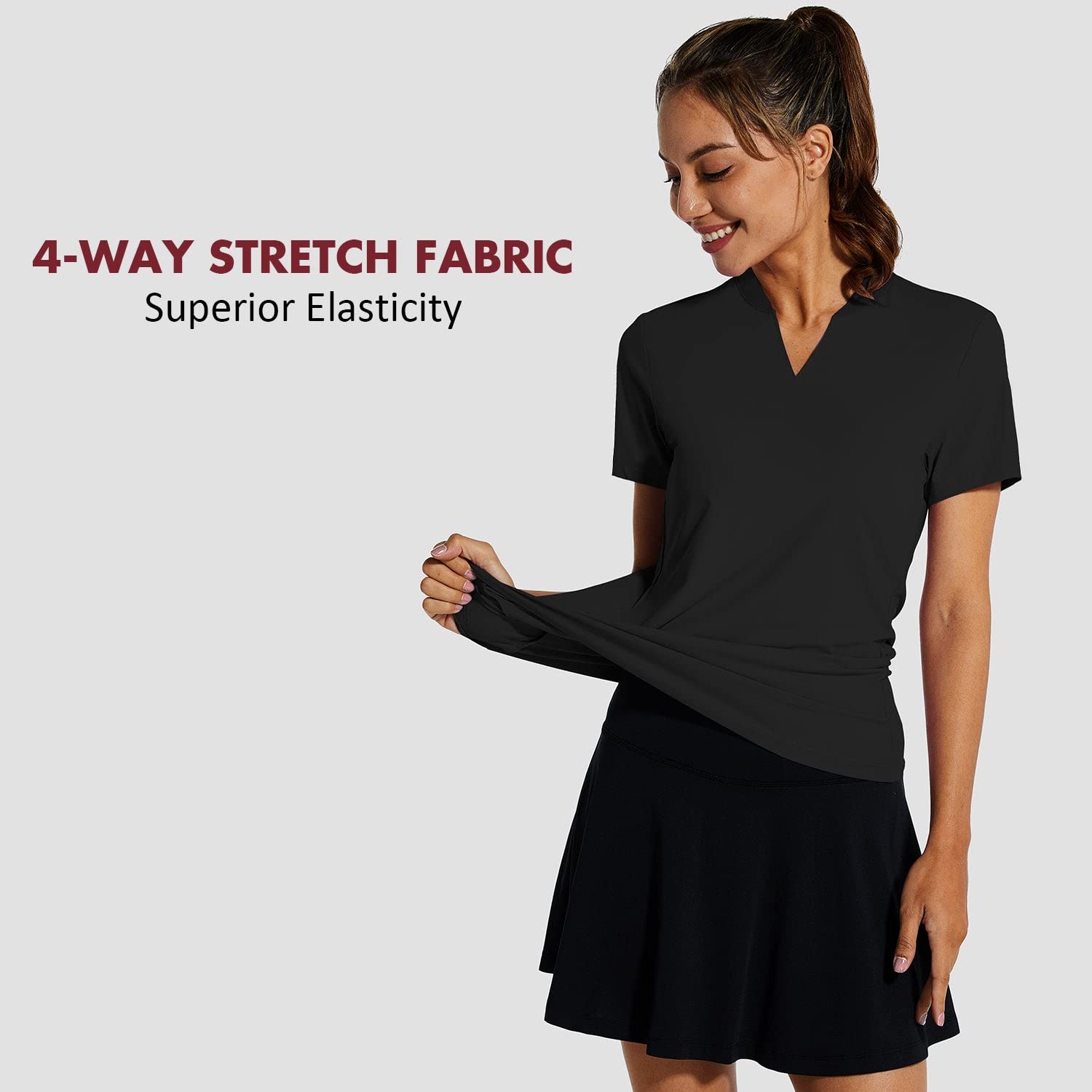 BALEAF Women's Golf Tennis Shirts V-Neck Lightweight Quick Dry UPF 50+ Sun Protection Short Sleeve Polo Shirts Collarless Black Size S