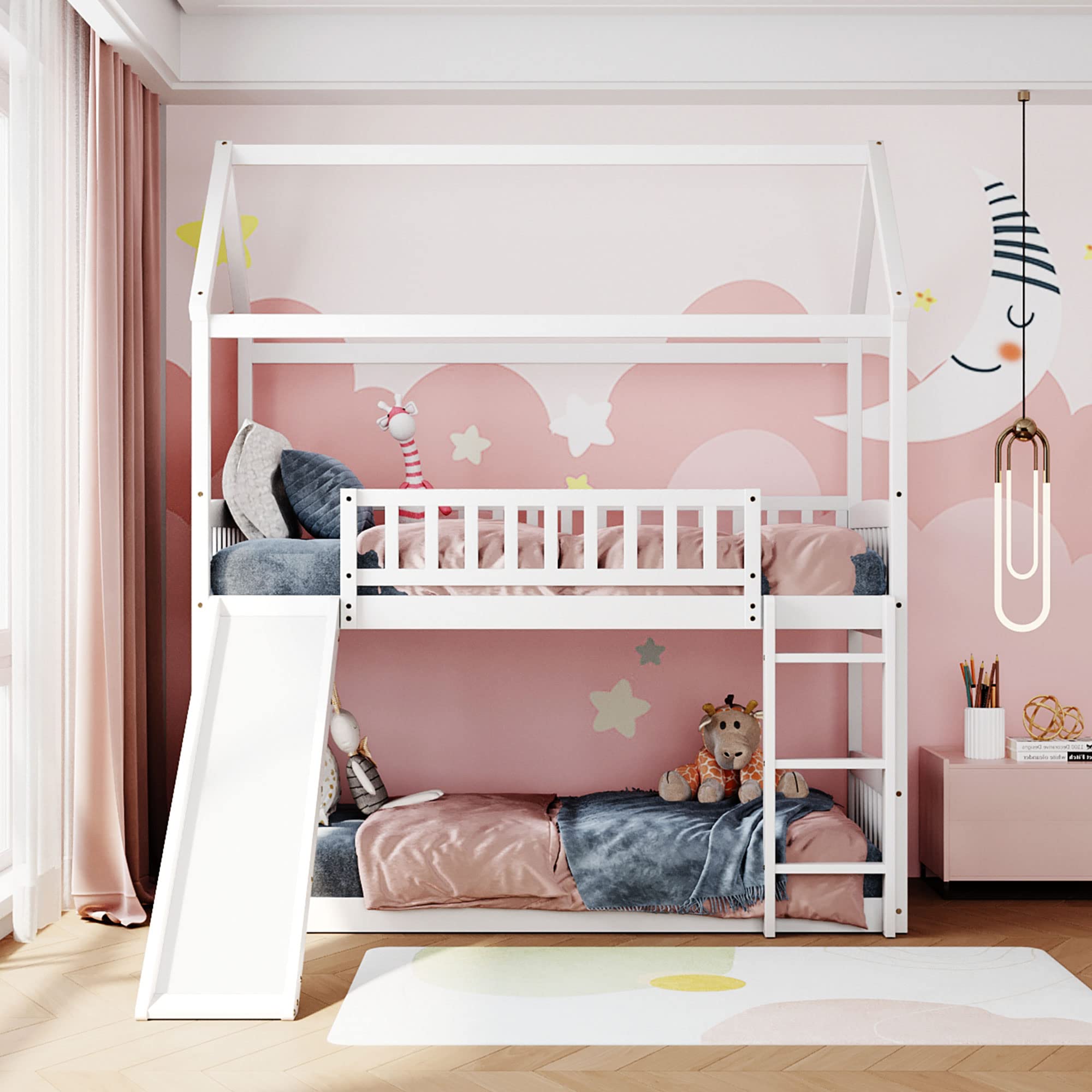 Harper & Bright Designs Kids House Bunk Beds with Slide, Wooden Twin Over Twin Bunk Bed Frame with Ladder, Guardrails, Bunk House Bed for Kids, Teens, No Box Spring Needed