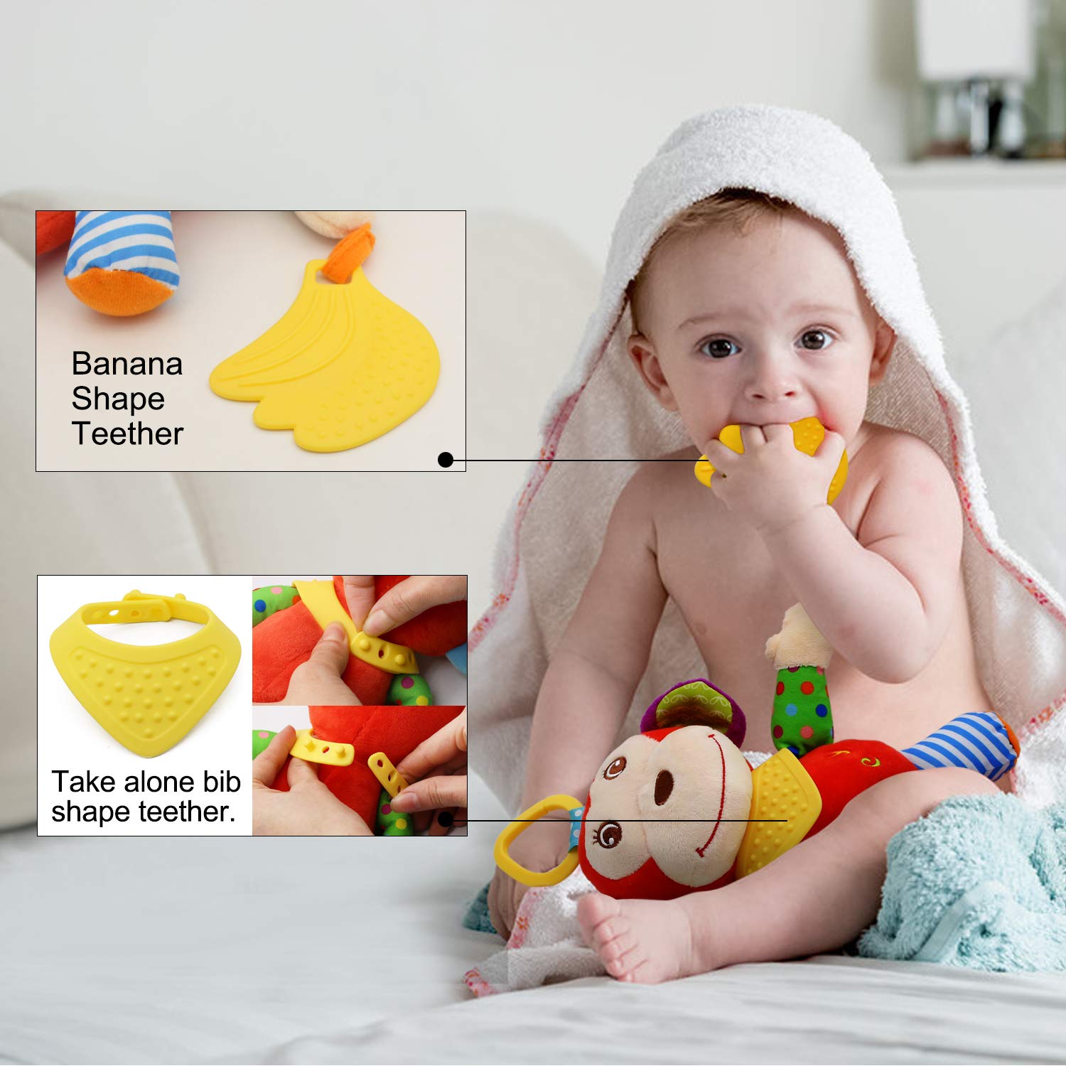 MARUMINE Baby Crib Stroller Hanging Rattle Toy with Teether, Car Seat Toys for 0-12 Months Infant (Monkey)