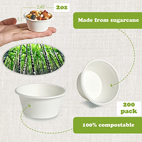 ECOLipak [200 Pack] 2 oz Compostable Portion Cups, 100% Biodegradable Souffle Cups, Disposable Paper Cups for Condiment Samples & Jello Shot