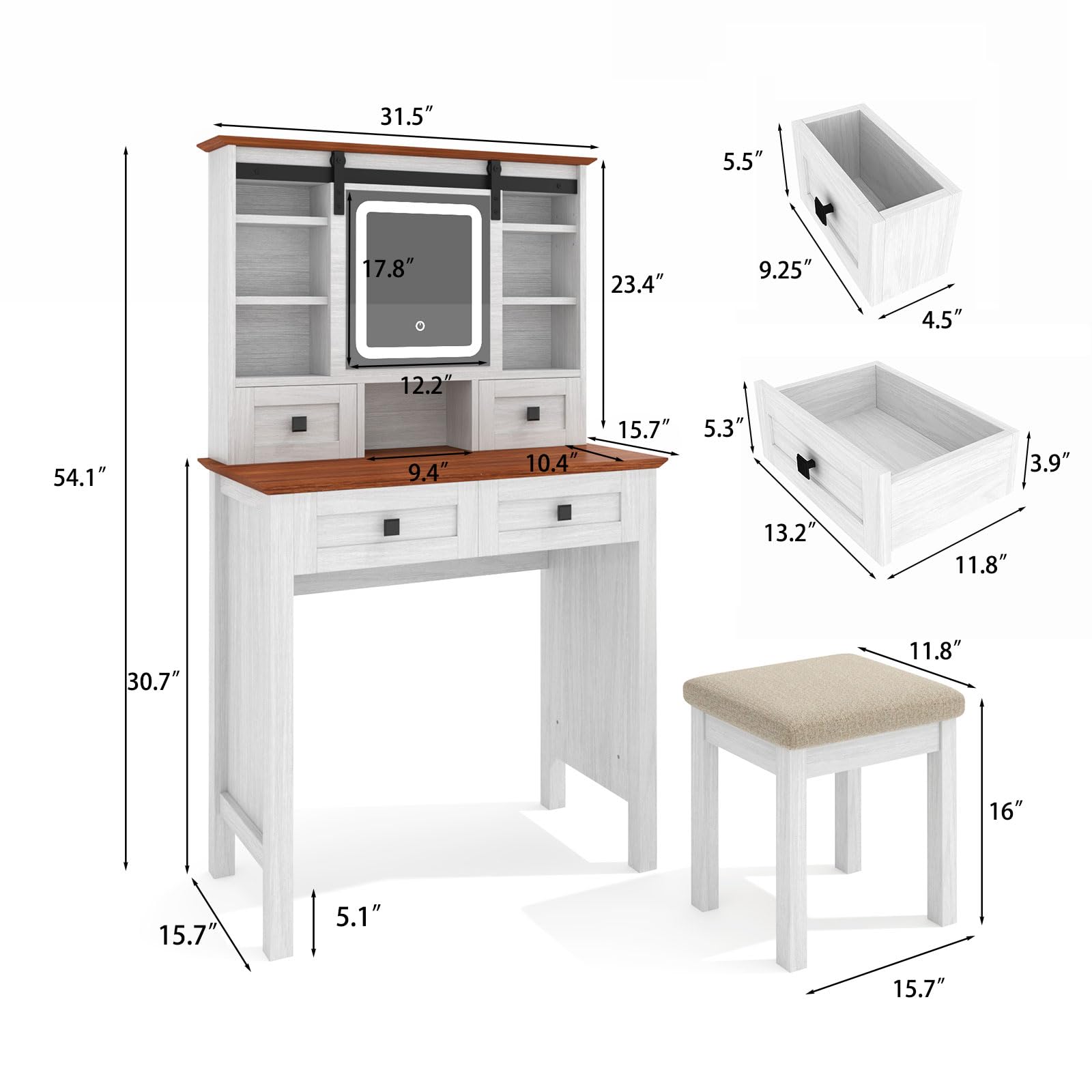 Bonzy Home Makeup Vanity Desk with Lighted Mirror and Stool, 31.5" Vanity Dressing Table with Drawers & Shelves, Upholstered Vanity Stool, Vintage Vanity Set for Bedroom